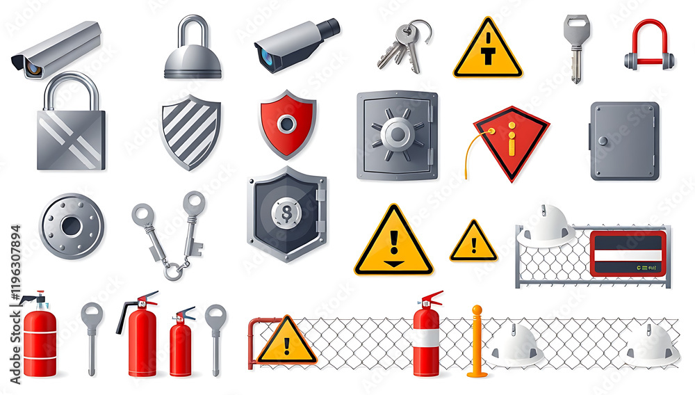 Flat vector icons of security and safety, including padlocks, shields ...