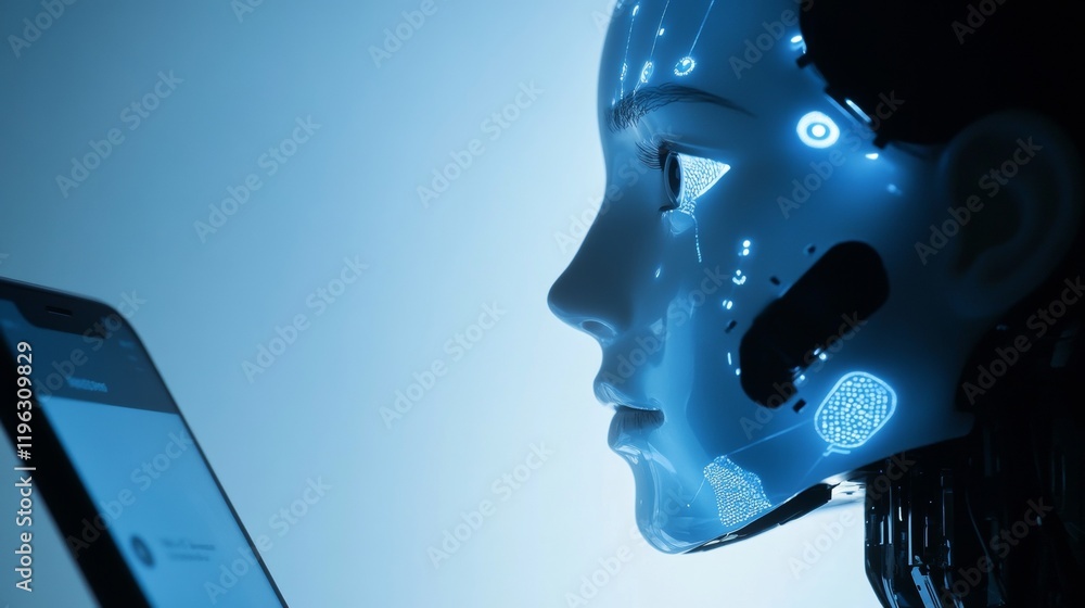 AI chat bot in image robot head hanging over screen phone. Mobile ...