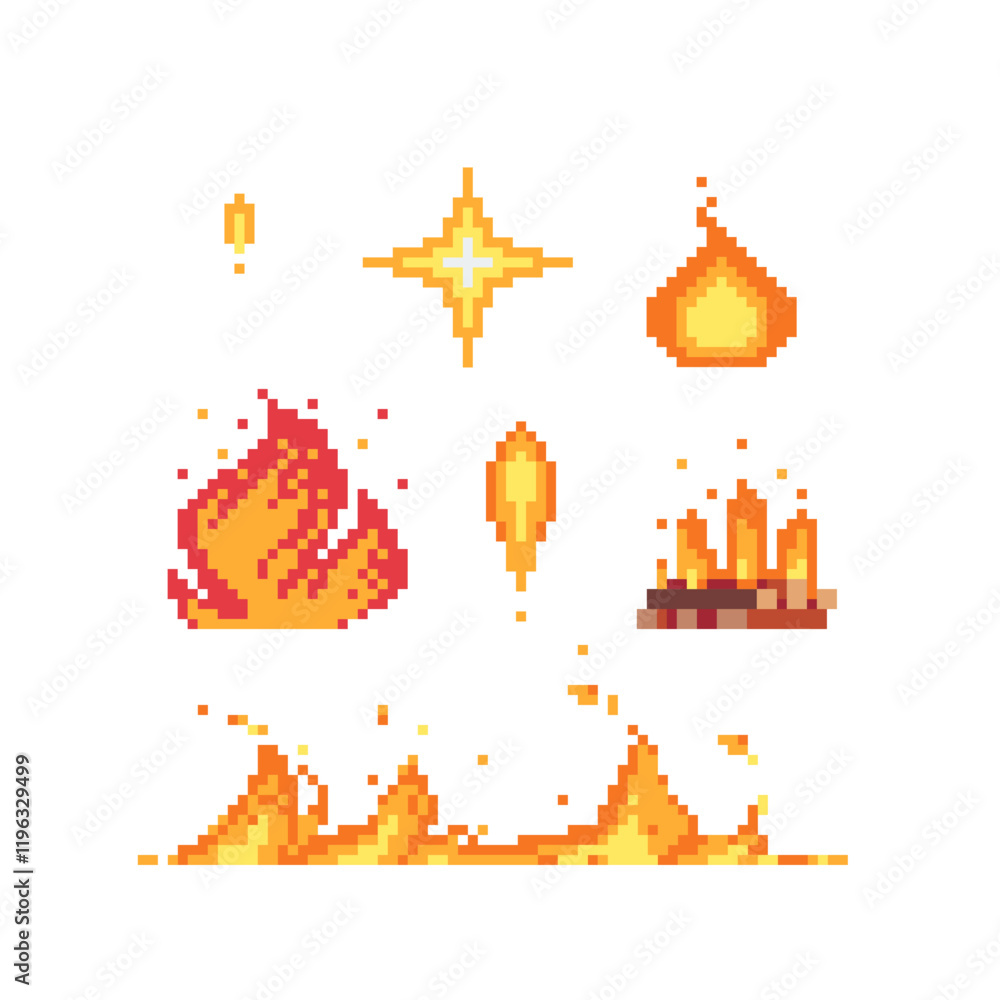 Pixel art fire set icon, flame knitted design. Isolated vector ...