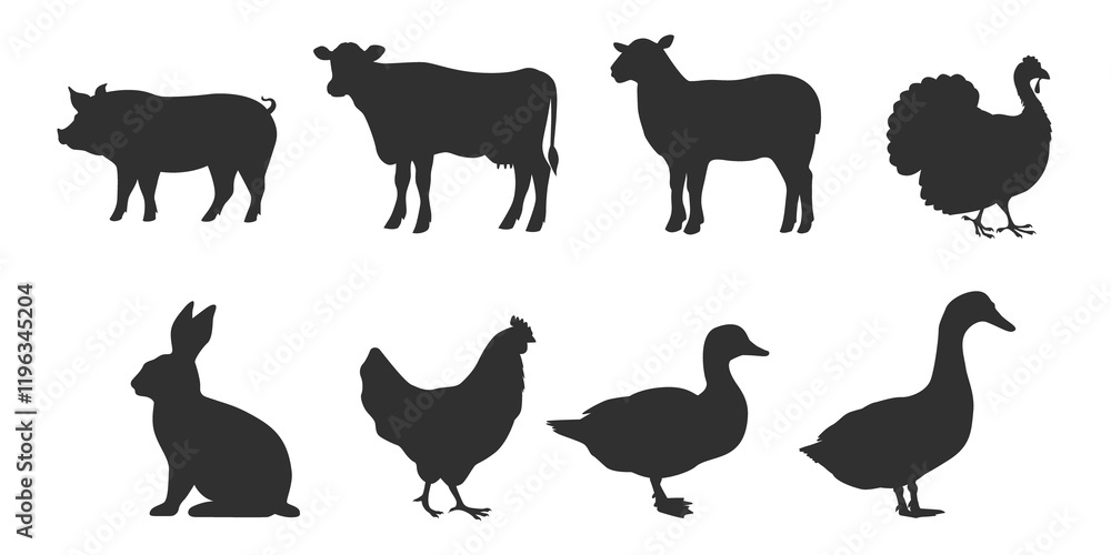 Collection of silhouettes of farm animals - cow, pig, sheep, rabbit ...