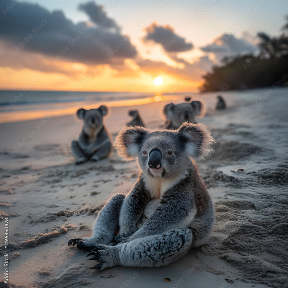 Koala bears in the sea coastal region with setting sun shining. Group ...