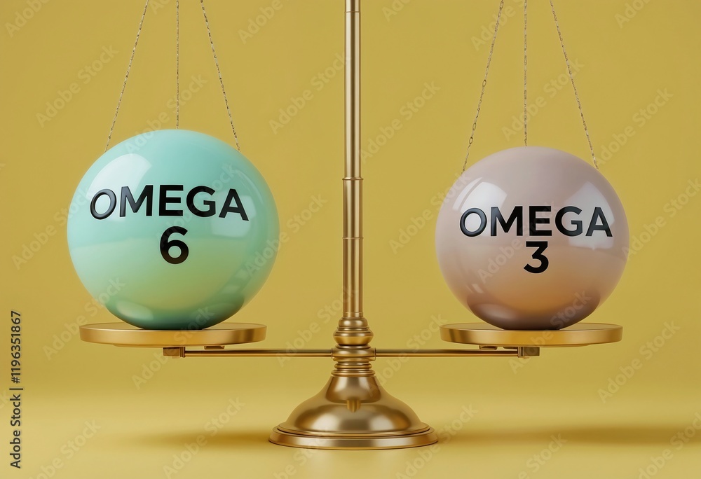 Balanced scales showcasing Omega-6 and Omega-3 fatty acids against a yellow backdrop. Stock ...