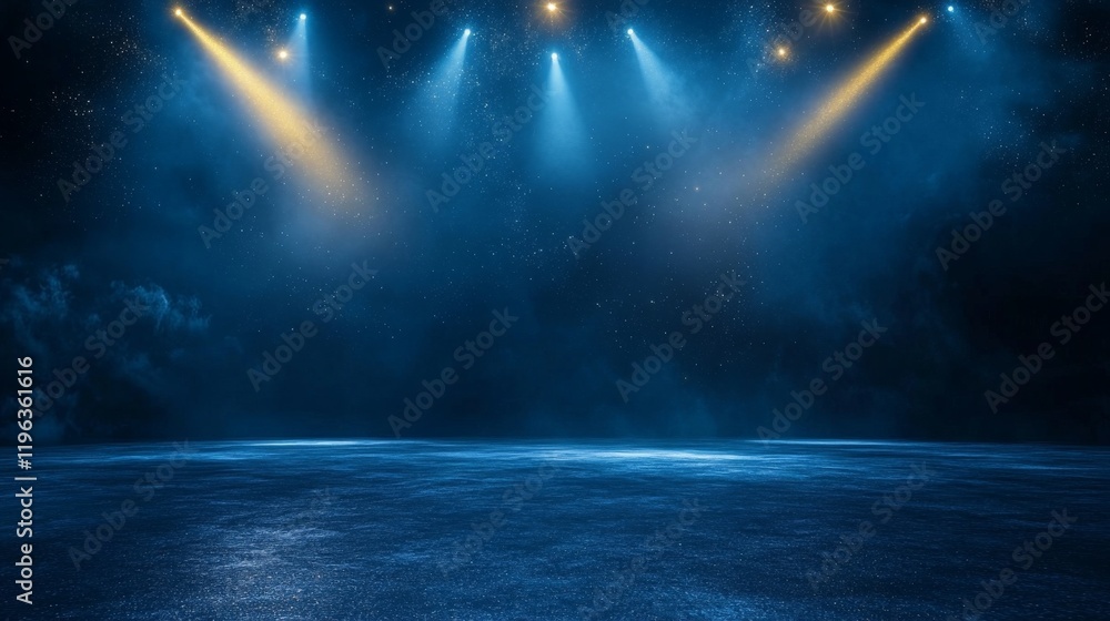 38.A luxurious stage with a deep blue background, illuminated by ...