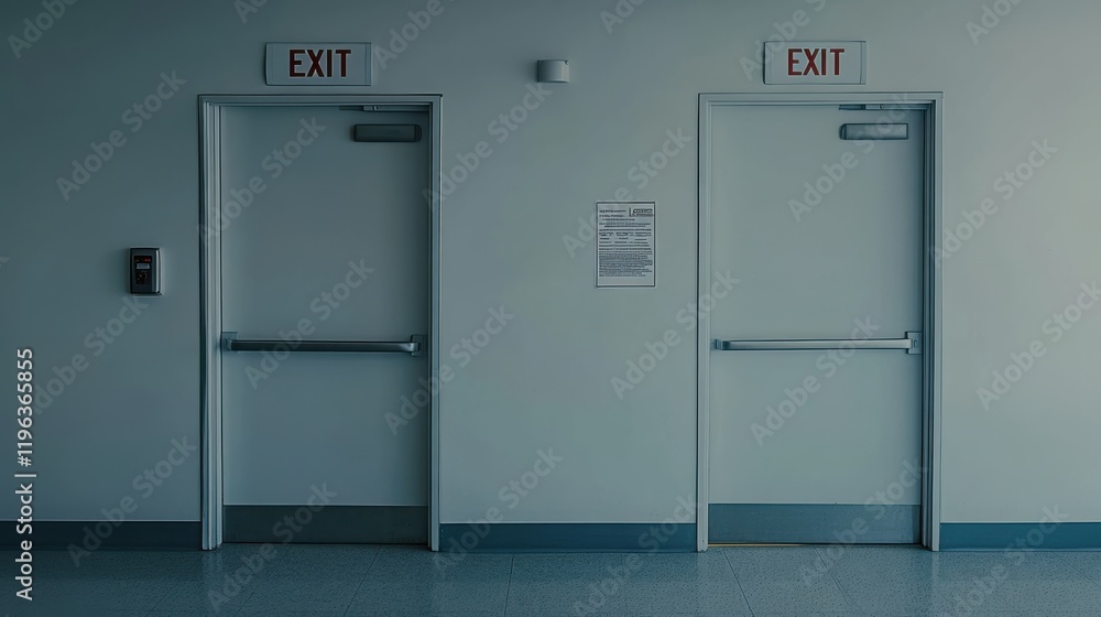 Two exit doors in a minimalist hallway, with clear signage indicating ...