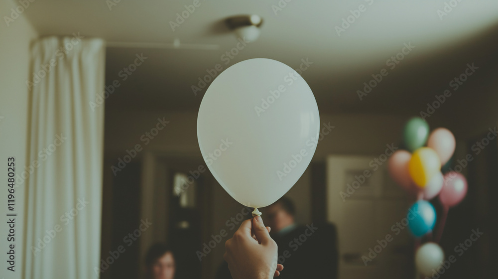 Single White Balloon: A single, off-white balloon held aloft against a ...