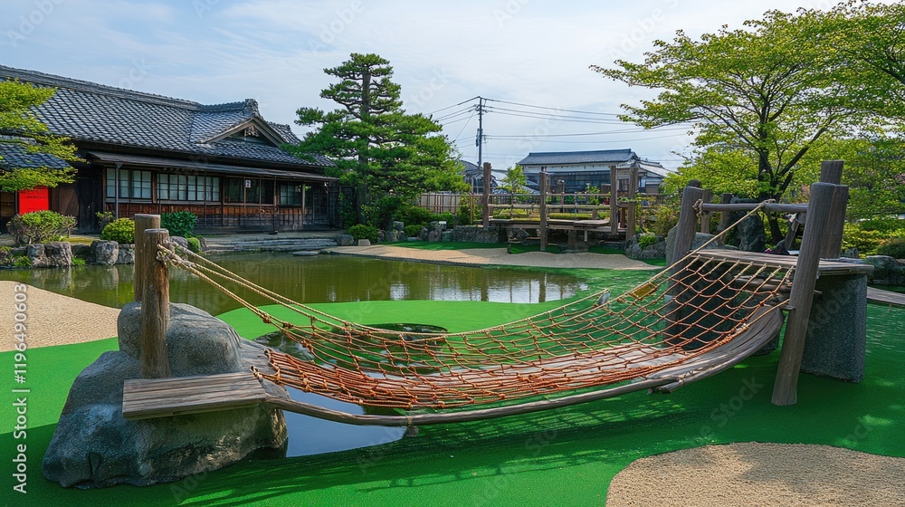 Traditional Japanese playground with a balance beam and rope bridges ...