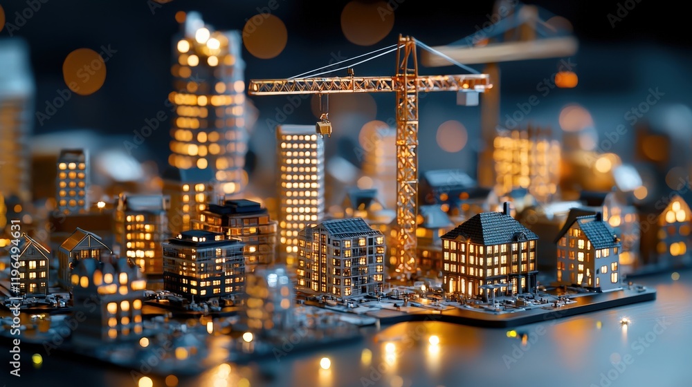 Miniature buildings under construction, with cranes and scaffolding ...