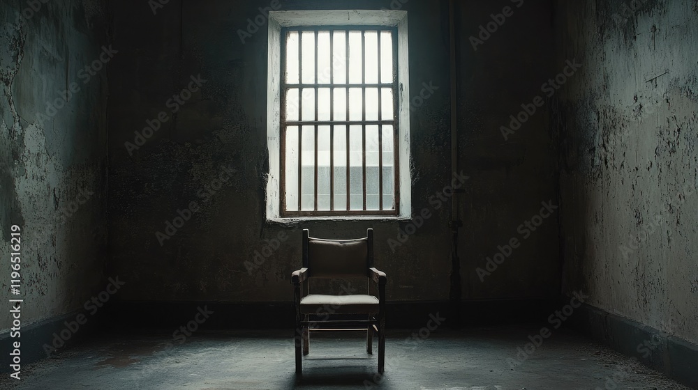 Gloomy prison cell interior with a single barred window, worn concrete ...