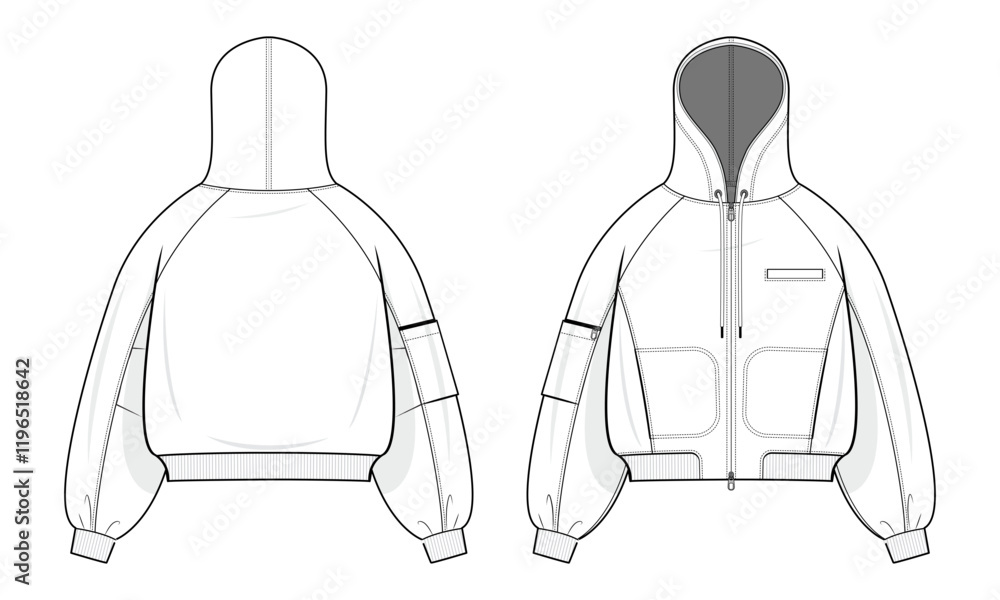 Utility Hooded Bomber Jacket Technical Fashion Illustration. Bomber ...