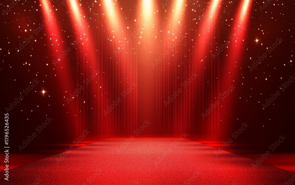 Red carpet stage with spotlights and glittering particles. Stock Photo ...