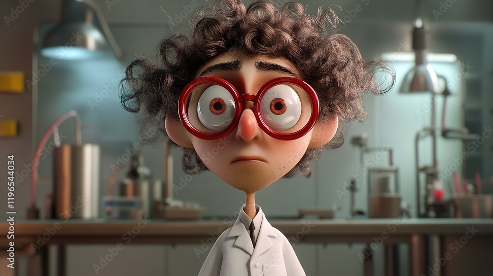 Unusual character with curly hair, red glasses, and a white lab coat ...