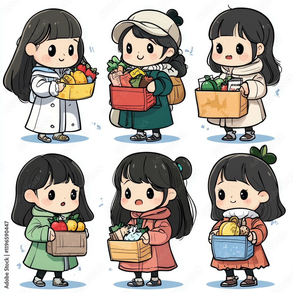 Adorable Cartoon Girls Grocery Shopping: Cute Kawaii Illustrations of ...