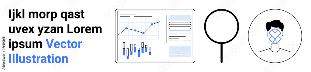 Business dashboard with charts and graphs, magnifying glass icon, human ...