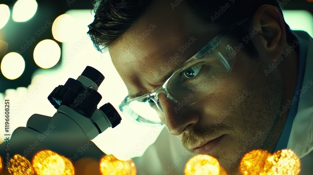 Scientific research action in laboratory close-up microscope ...
