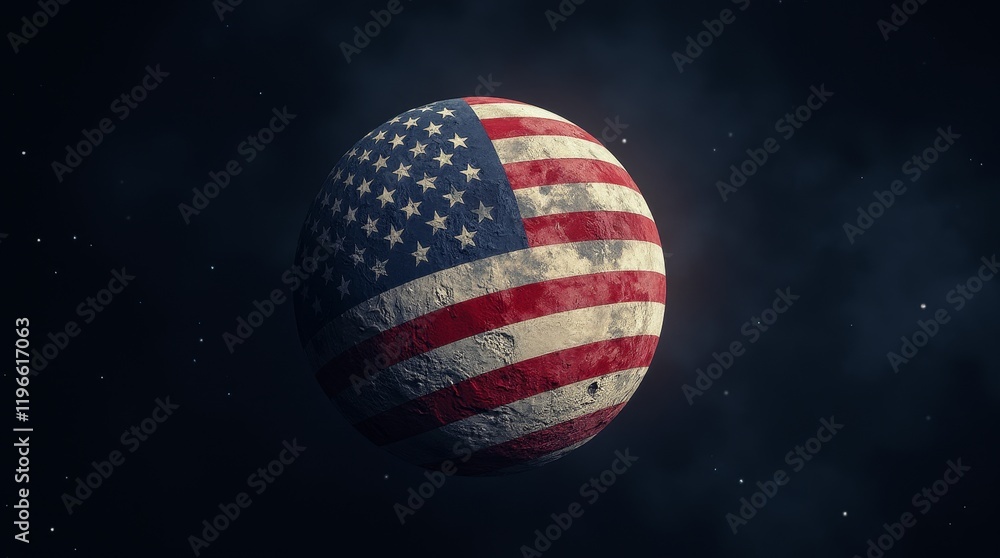 Surface Moon covered with the American flag texture floating in outer ...