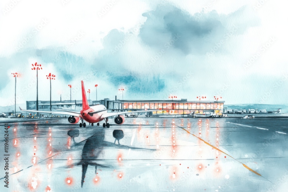 A colorful watercolor illustration of an airport scene, showcasing a ...