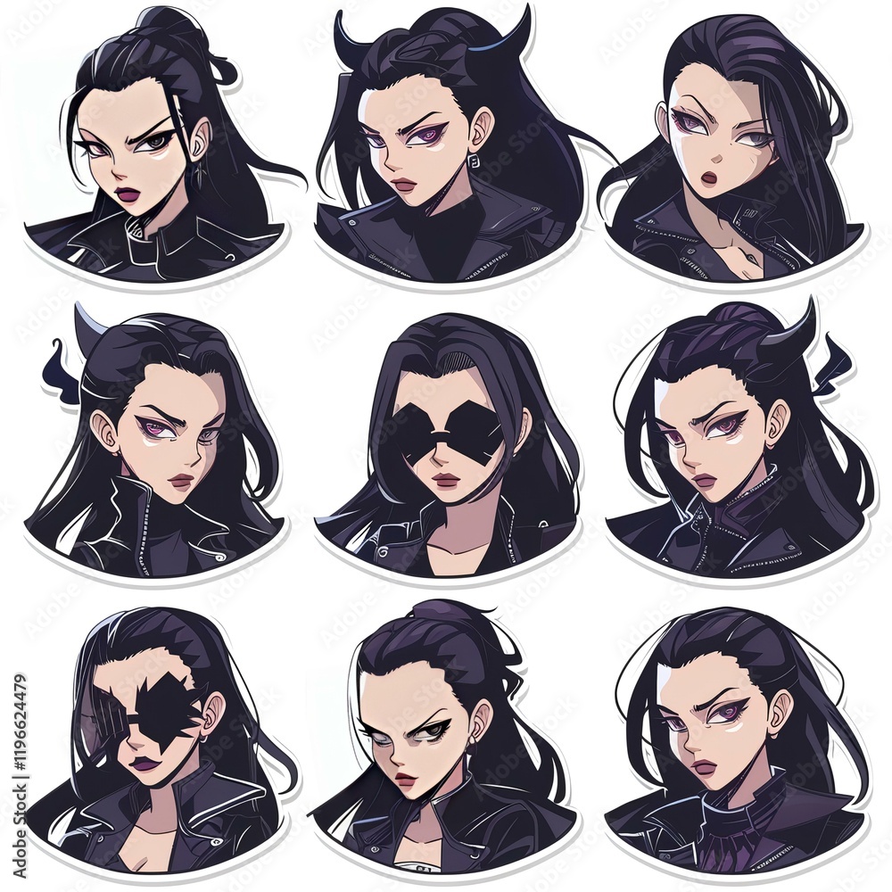 Nine stylized female character portraits; dark attire, diverse ...