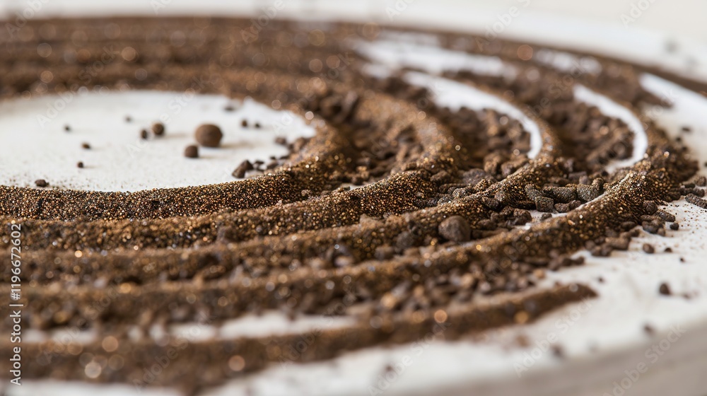 Iron filings forming circular patterns around a bar magnet on white ...