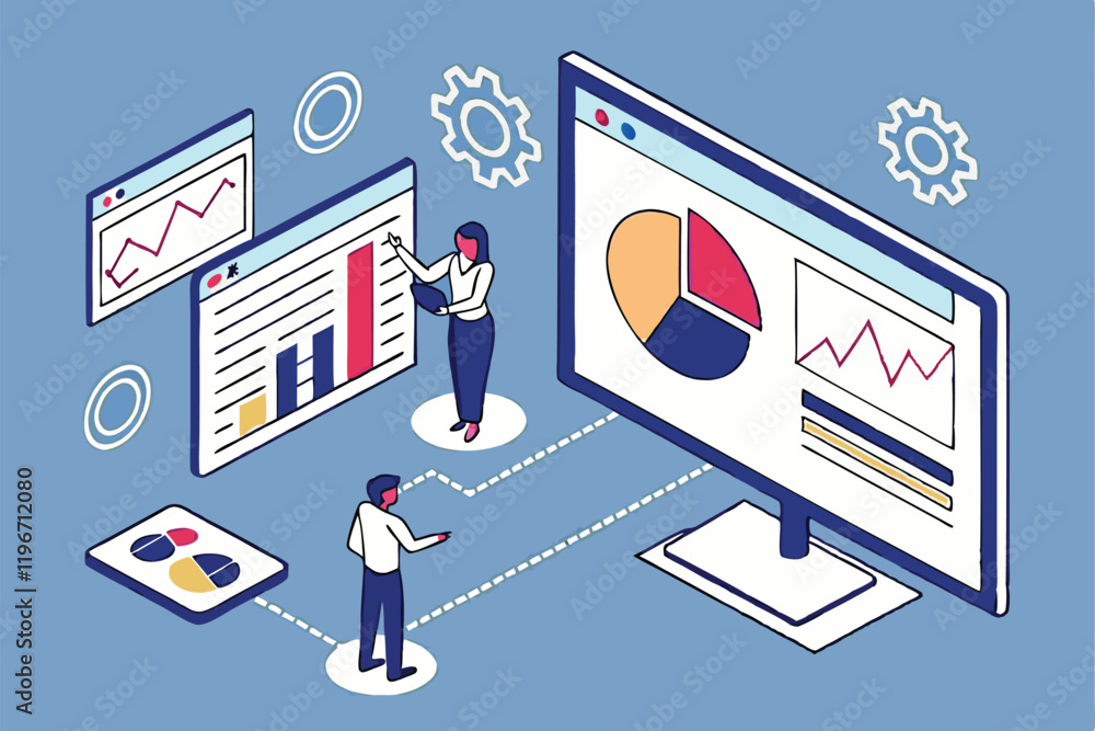 business analytics, data visualization, pie chart, bar graph, growth chart, office workers ...