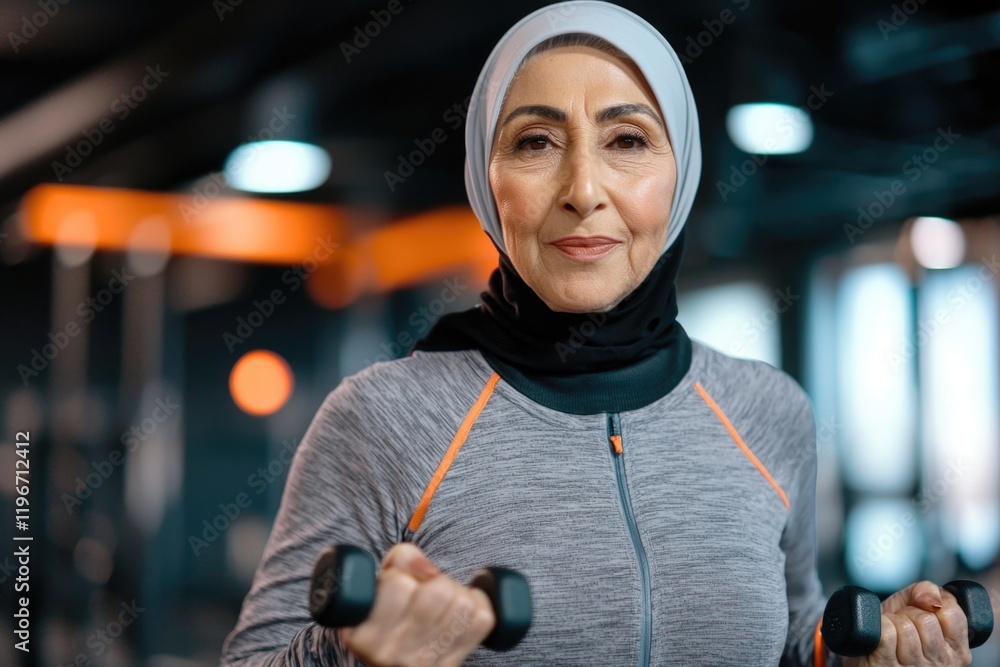 Determined Middle Eastern woman in hijab lifting weights at the gym ...