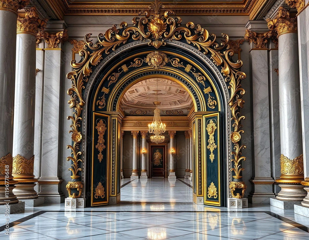 Gold and black baroque style portal of a palace, columns interior ...