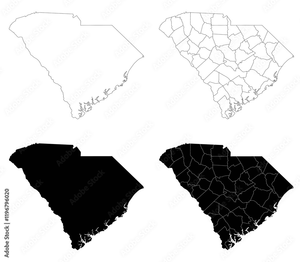 South Carolina map, South Carolina outline and counties state map set ...