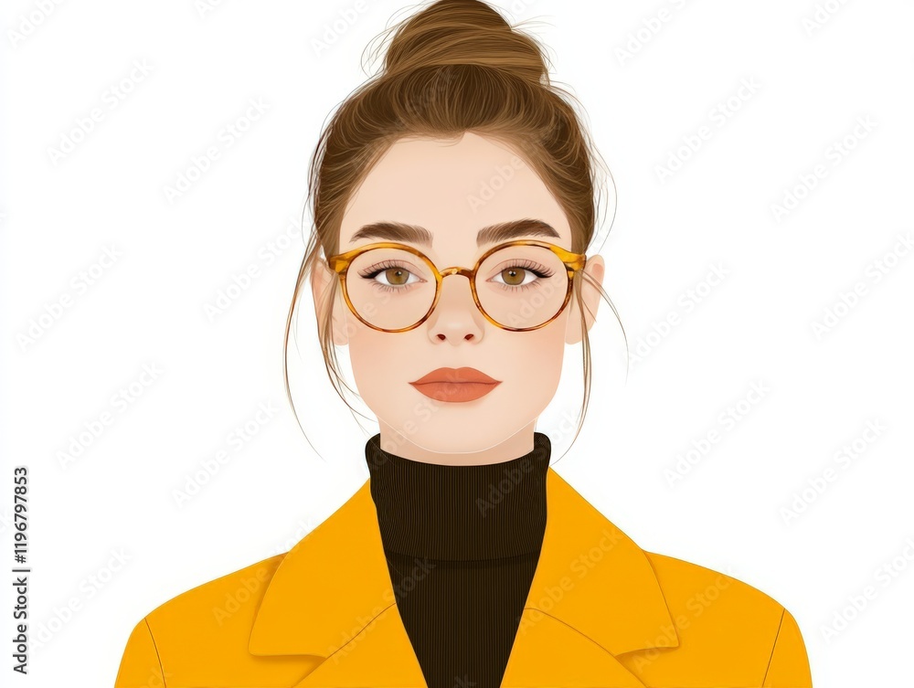 Intellectual woman with glasses and a chic bun hairstyle on a crisp ...