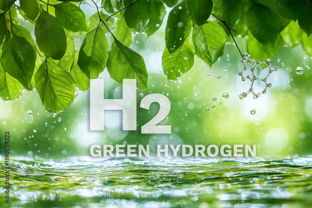 Green hydrogen h2 production from water electrolysis with leaves and water drops symbolizing ...