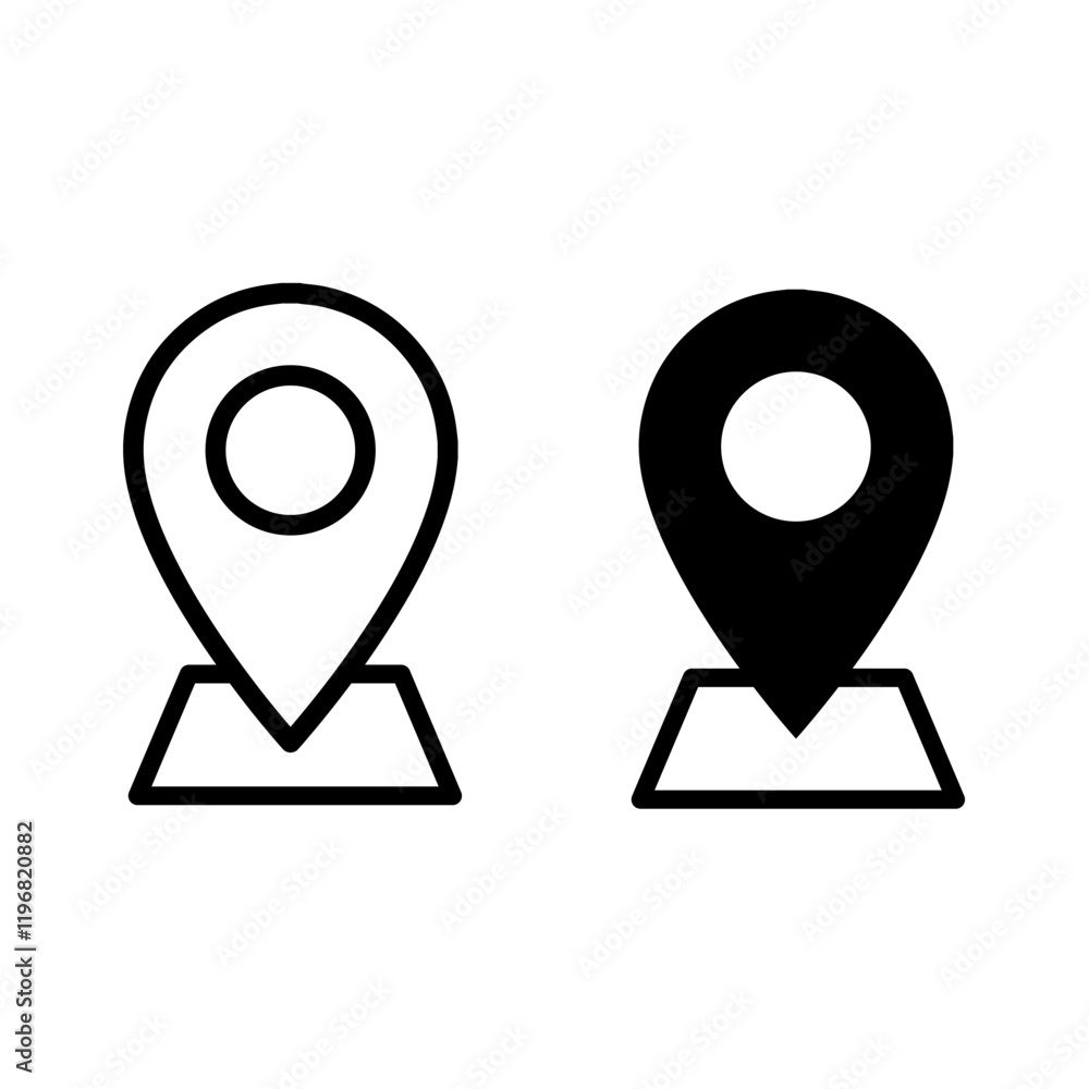 Black and white location pin icon set with outline map. Editable stroke. Address symbols Stock ...
