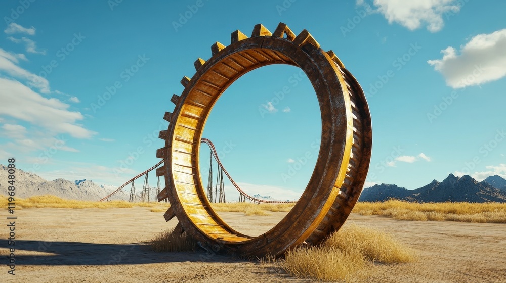 Giant Gear Structure in Desert Landscape with Roller Coaster Background ...
