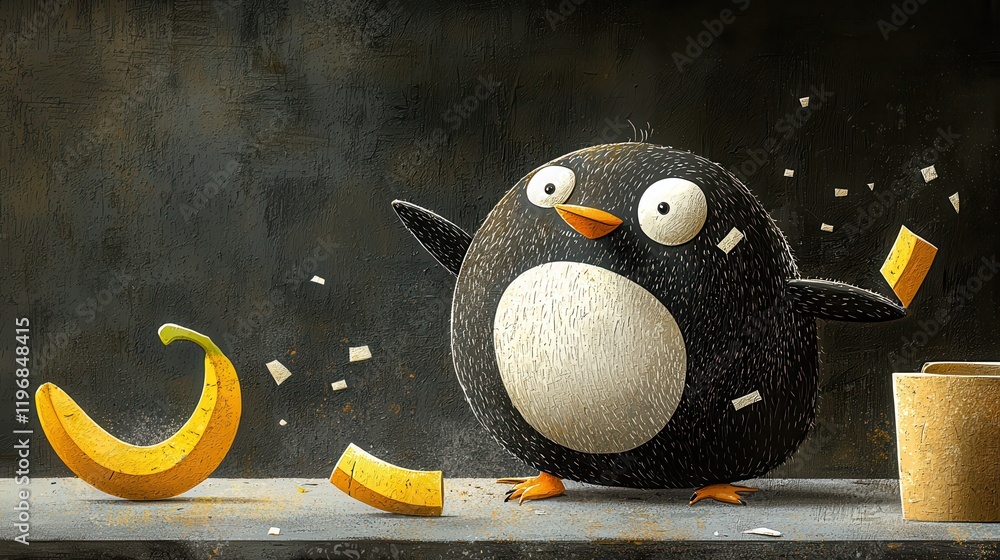 Clumsy penguin slips on banana peel cartoon scene humorous animation ...