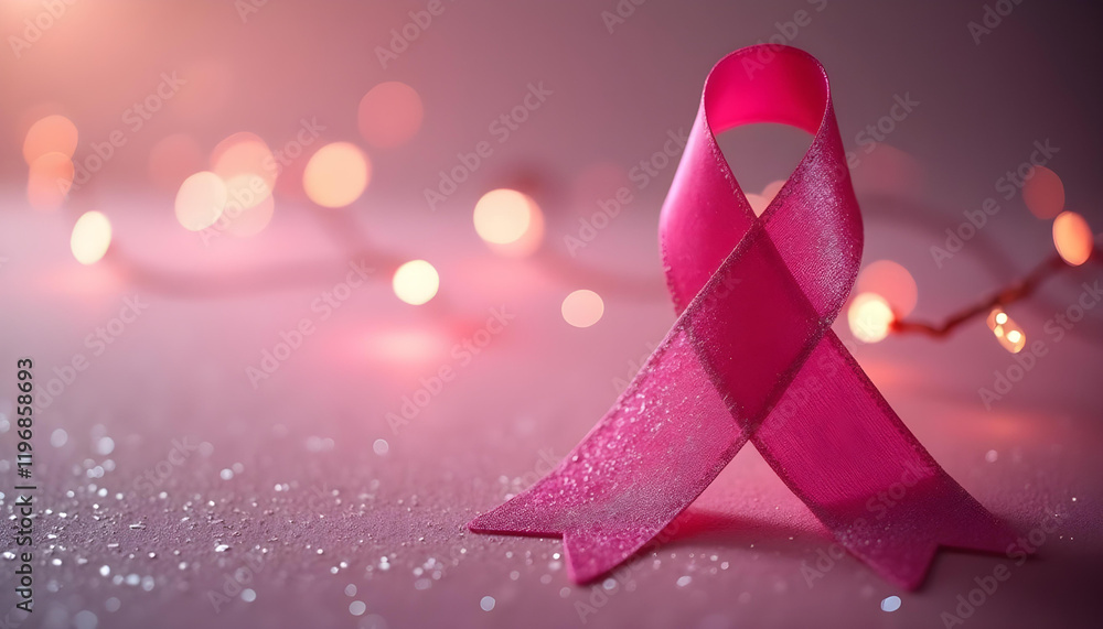 Lazo rosa con un fondo rosa suave y puntos brillantes. Imagen símbolo ...