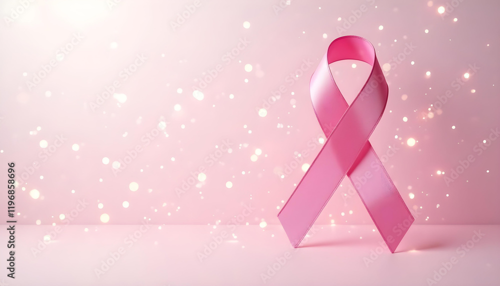 Lazo rosa con un fondo rosa suave y puntos brillantes. Imagen símbolo ...