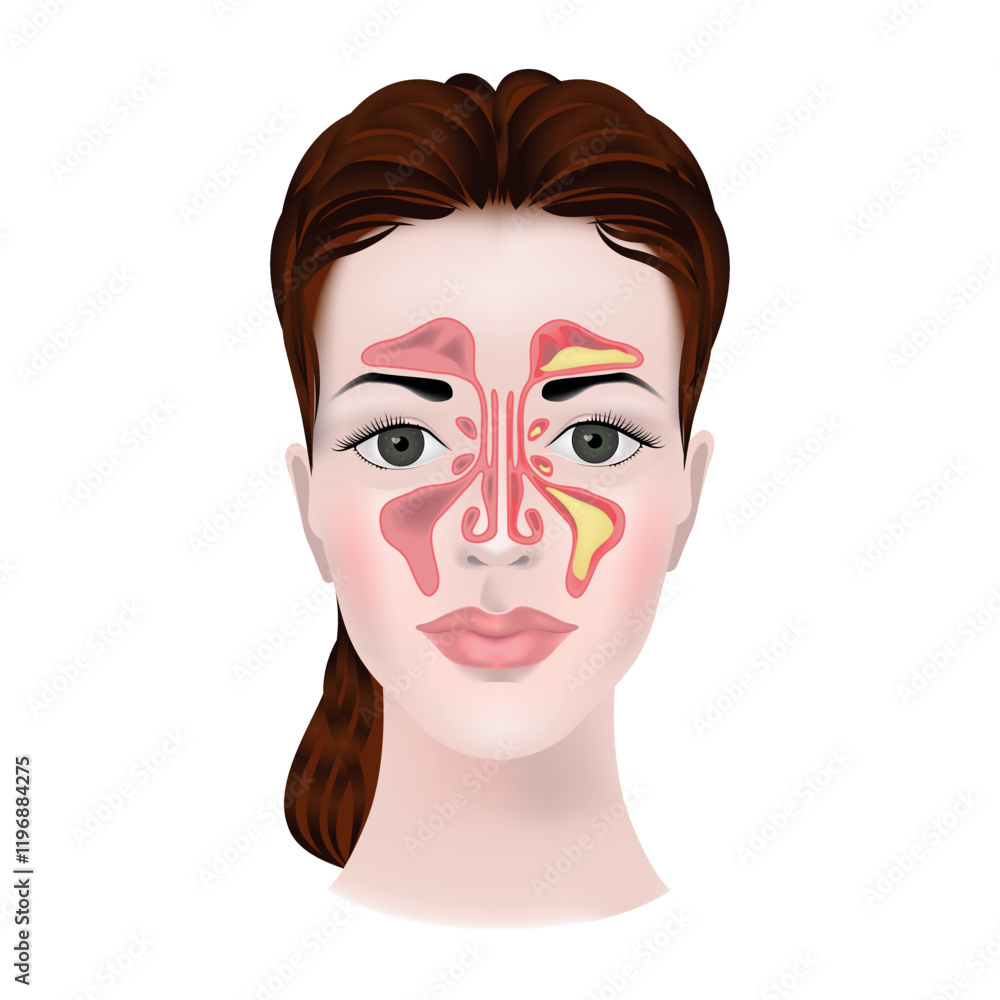 Sinusitis. Image of the maxillary sinuses on a woman's face with a ...