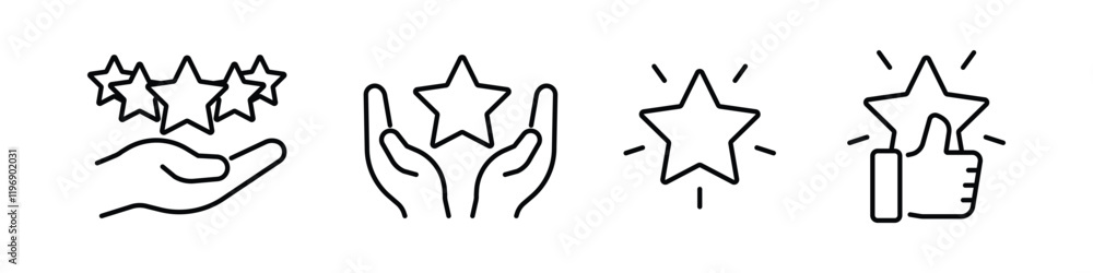 award, satisfaction feedback icons. star rating sign with hand symbol ...