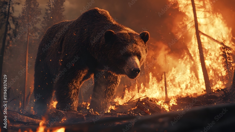 Wild grizzly bear facing raging forest fire national park wildlife ...