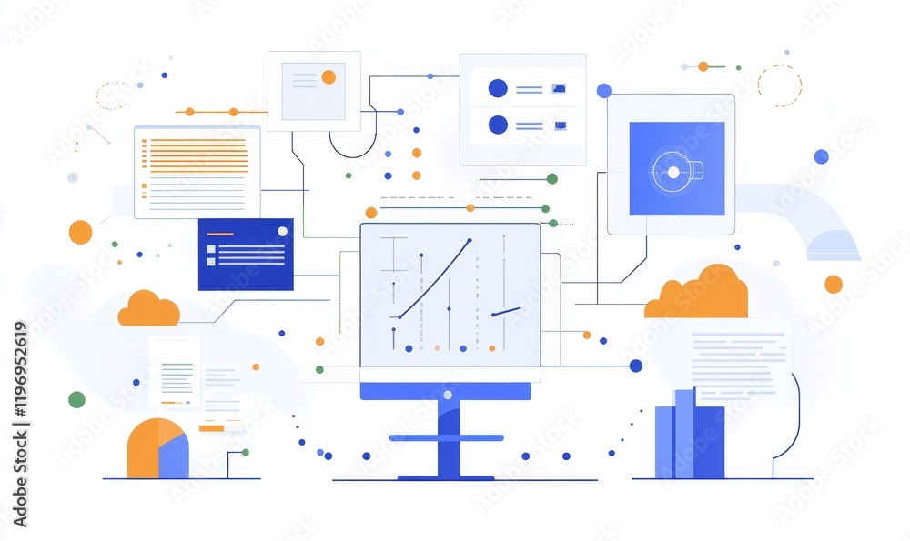 Big data technology and data science illustration. Data flow concept. Querying, analysing ...