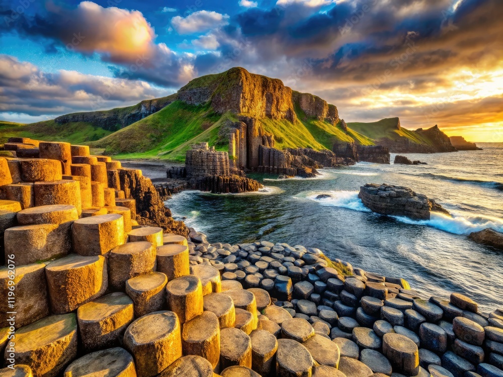Panoramic aerial view of the Giant's Causeway, Northern Ireland ...