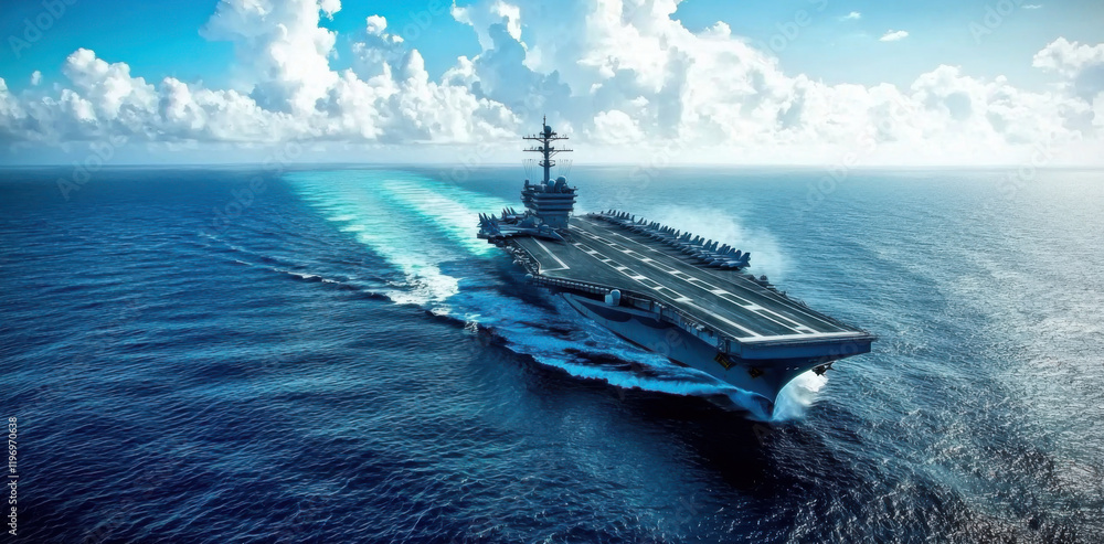 stunning aerial view of a modern aircraft carrier sailing through clear ...