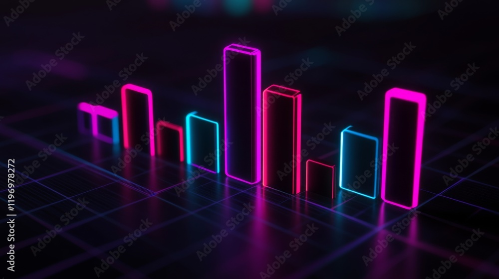 Dark-themed D bar chart with neon-colored bars and a digital grid base ...
