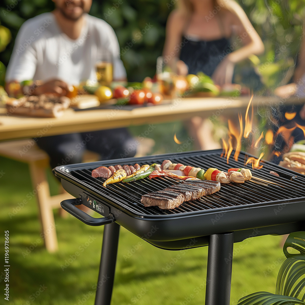 Fröhliche Grillparty im Garten: Freunde und Nachbarn genießen den ...