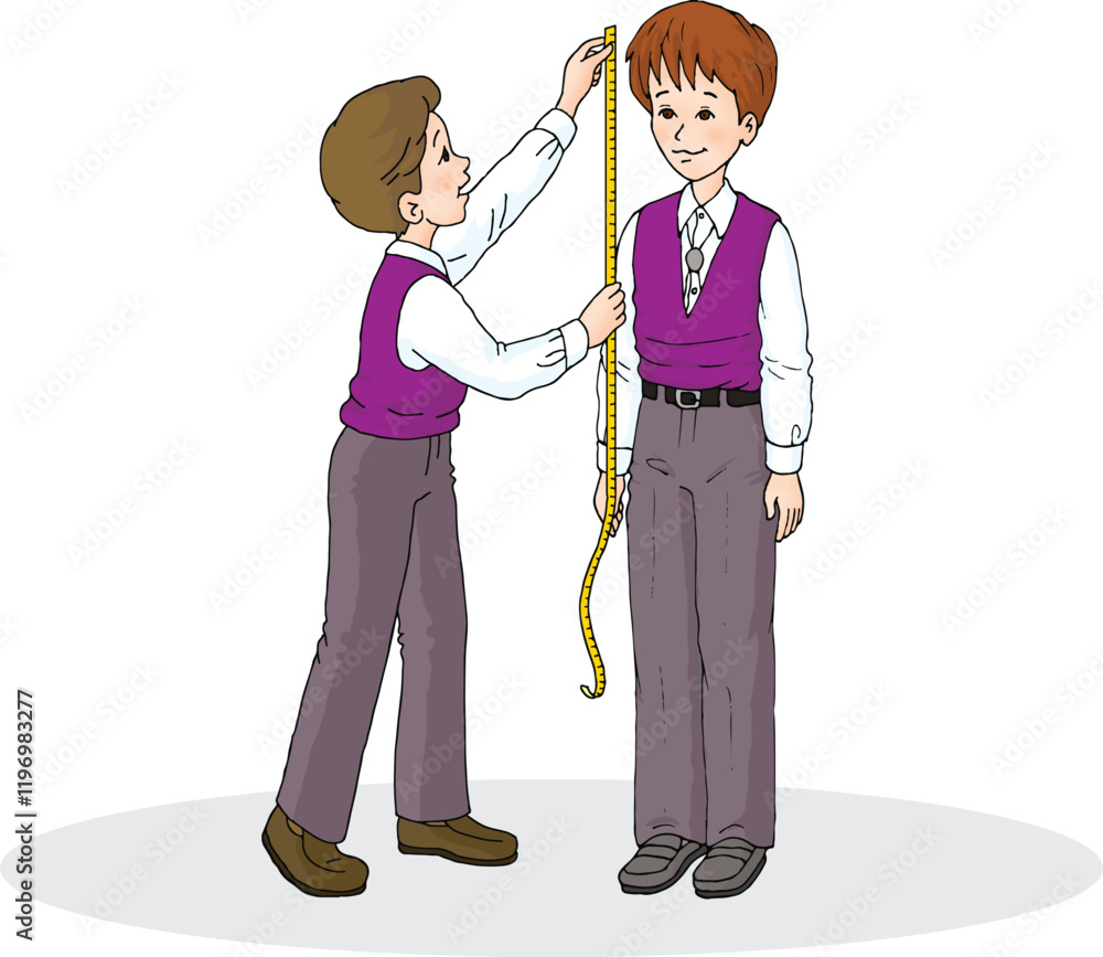 Cartoon. Little boy measuring his friend's height with a tape measure ...