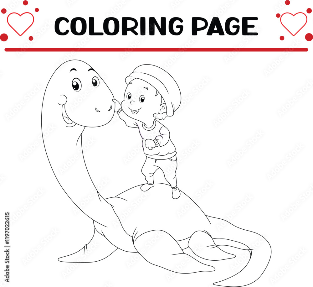 boy is touching dinosaur mauisaurus coloring page for kids Stock Vector ...