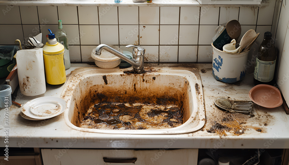 very dirty and disastrous kitchen sink Stock Illustration | Adobe Stock
