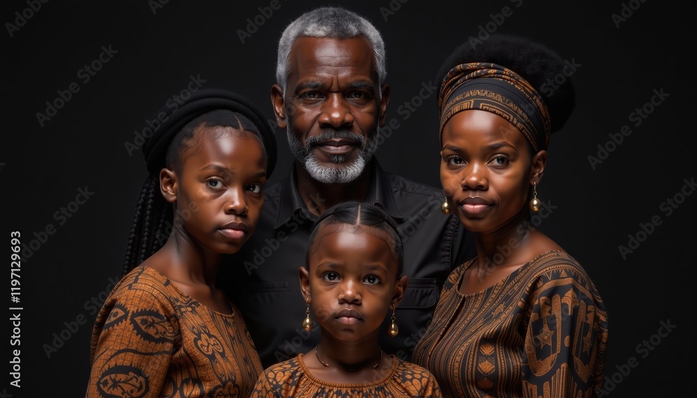 Four African people in traditional clothing pose on black background ...