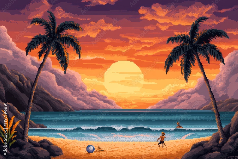 A pixel art depiction of a beach volleyball game, with animated players ...