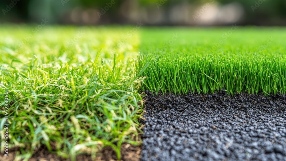 Real grass and artificial turf side by highlighting difference in ...