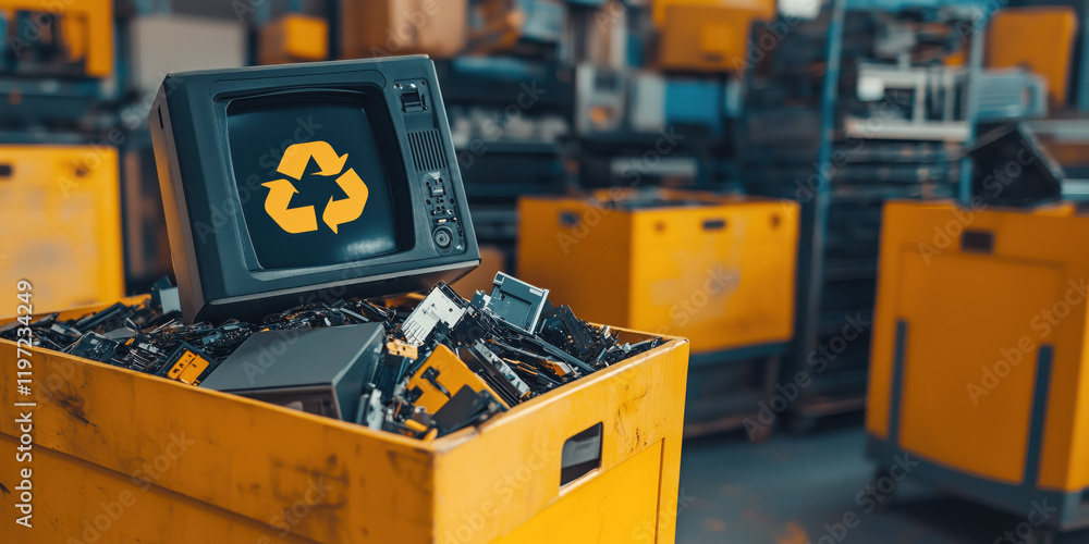 Old computer parts in E-waste recycling bin with monitor displaying ...