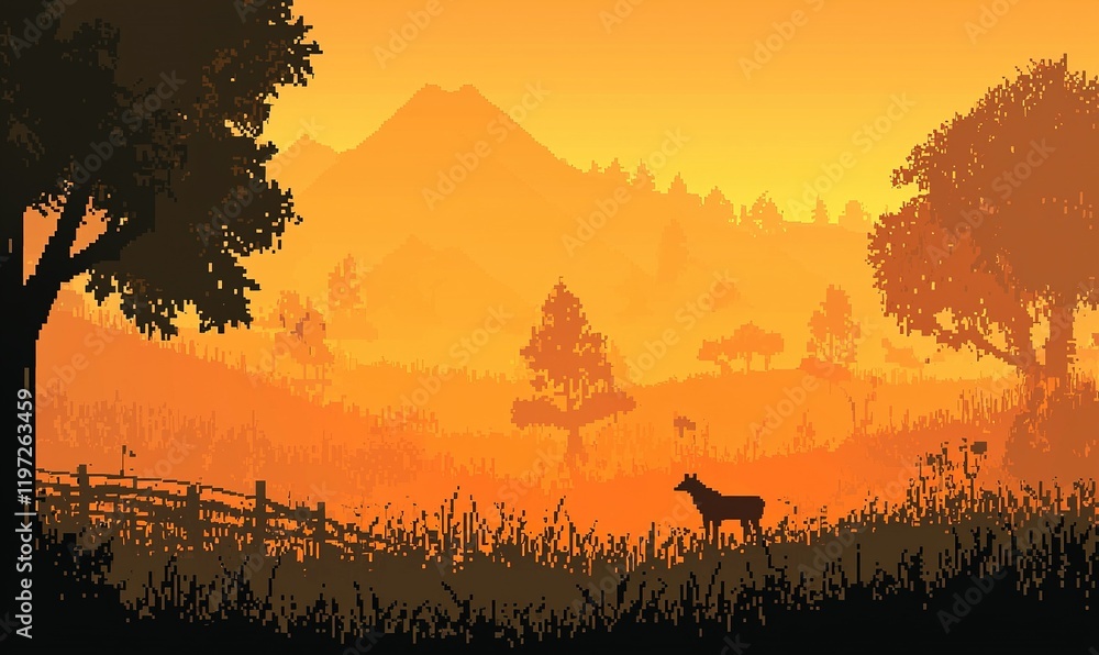 Pixel art of lone wolf in golden sunset field, mountain backdrop, suitable for game backgrounds ...