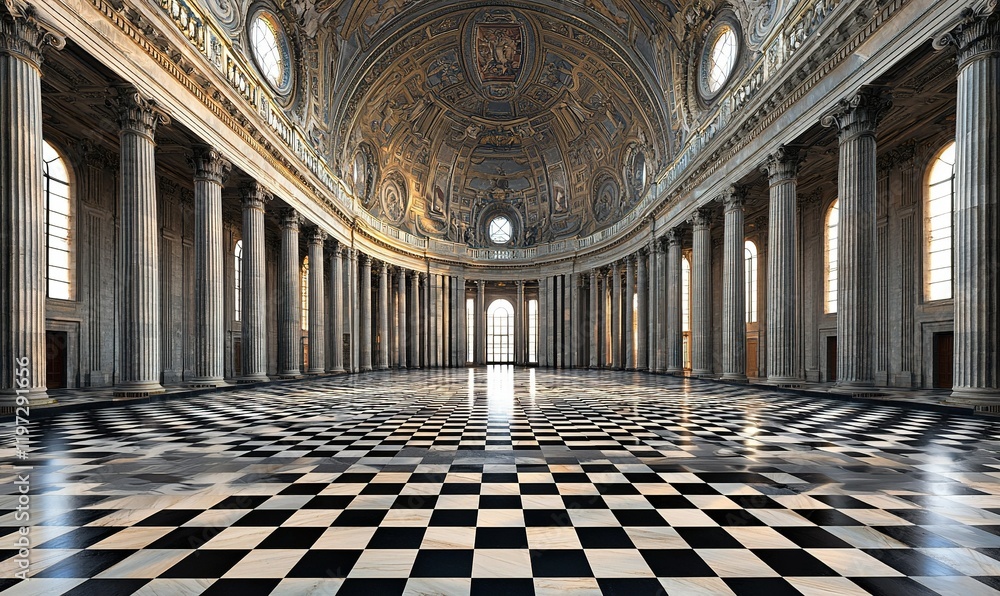 Grand hall interior with checkered floor, columns, domed ceiling, and ...